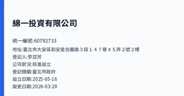 綿一投資有限公司的照片-統編 60792733(臺北市) 公司登記資料與營業項目詳細圖表