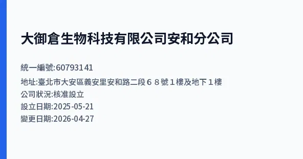 大御倉生物科技有限公司安和分公司的照片-統編 60793141(臺北市) 公司登記資料與營業項目詳細圖表