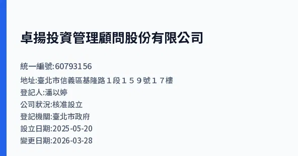 卓揚投資管理顧問股份有限公司的照片-統編 60793156(臺北市) 公司登記資料與營業項目詳細圖表
