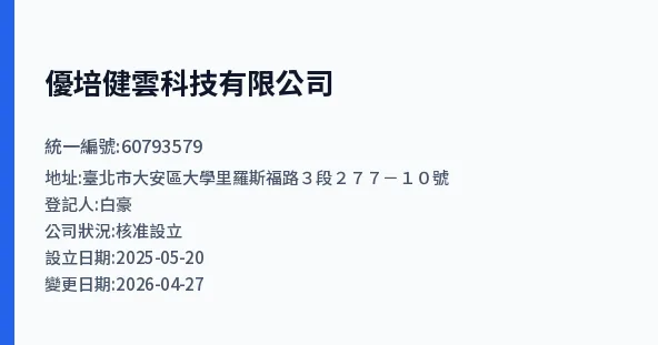優培健雲科技有限公司的照片-統編 60793579(臺北市) 公司登記資料與營業項目詳細圖表