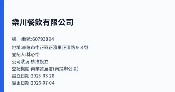樂川餐飲有限公司的照片-統編 60793894(基隆市) 公司登記資料與營業項目詳細圖表