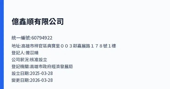 億鑫順有限公司的照片-統編 60794922(高雄市) 公司登記資料與營業項目詳細圖表