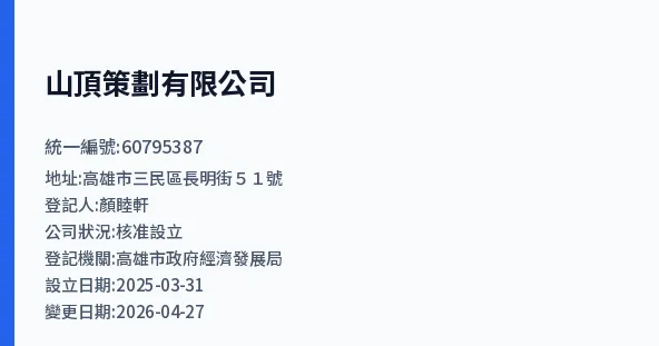 山頂策劃有限公司的照片-統編 60795387(高雄市) 公司登記資料與營業項目詳細圖表