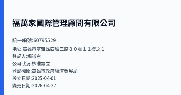 福萬家國際管理顧問有限公司的照片-統編 60795529(高雄市) 公司登記資料與營業項目詳細圖表