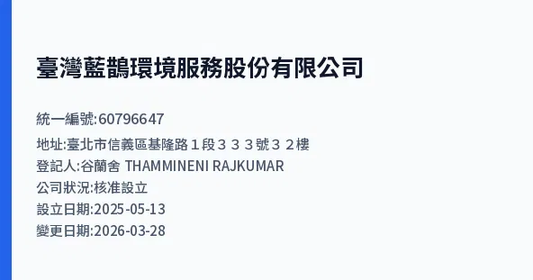 臺灣藍鵲環境服務股份有限公司的照片-統編 60796647(臺北市) 公司登記資料與營業項目詳細圖表