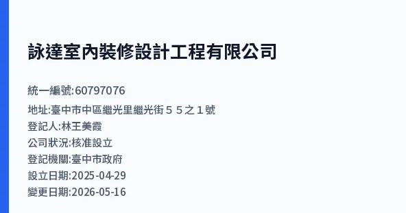 詠達室內裝修設計工程有限公司的照片-統編 60797076(臺中市) 公司登記資料與營業項目詳細圖表
