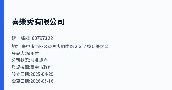 喜樂秀有限公司的照片-統編 60797322(臺中市) 公司登記資料與營業項目詳細圖表