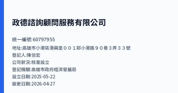 政德諮詢顧問服務有限公司的照片-統編 60797955(高雄市) 公司登記資料與營業項目詳細圖表
