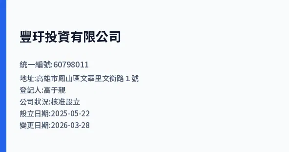 豐玗投資有限公司的照片-統編 60798011(高雄市) 公司登記資料與營業項目詳細圖表