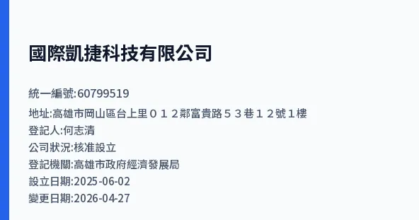 國際凱捷科技有限公司的照片-統編 60799519(高雄市) 公司登記資料與營業項目詳細圖表