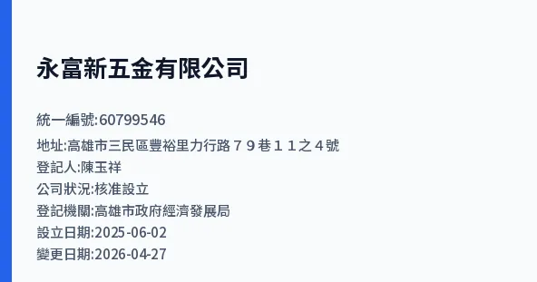 永富新五金有限公司的照片-統編 60799546(高雄市) 公司登記資料與營業項目詳細圖表