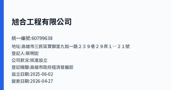 旭合工程有限公司的照片-統編 60799638(高雄市) 公司登記資料與營業項目詳細圖表