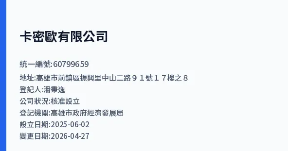 卡密歐有限公司的照片-統編 60799659(高雄市) 公司登記資料與營業項目詳細圖表