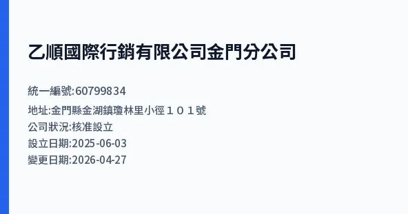 乙順國際行銷有限公司金門分公司的照片-統編 60799834(金門縣) 公司登記資料與營業項目詳細圖表