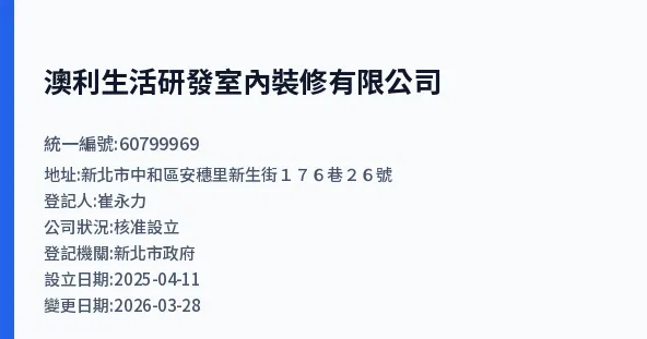 澳利生活研發室內裝修有限公司的照片-統編 60799969(新北市) 公司登記資料與營業項目詳細圖表