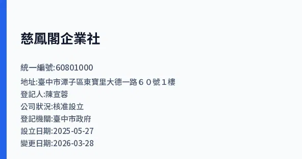 慈鳳閣企業社的照片-統編 60801000(臺中市) 公司登記資料與營業項目詳細圖表