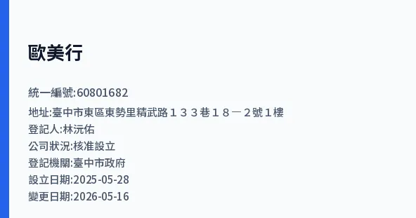 歐美行的照片-統編 60801682(臺中市) 公司登記資料與營業項目詳細圖表