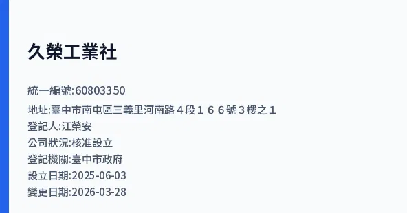 久榮工業社的照片-統編 60803350(臺中市) 公司登記資料與營業項目詳細圖表