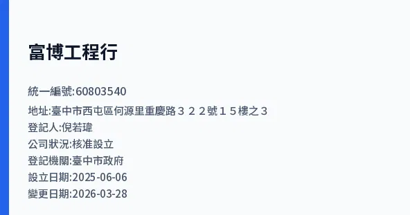 富博工程行的照片-統編 60803540(臺中市) 公司登記資料與營業項目詳細圖表