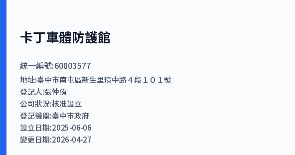 卡丁車體防護館的照片-統編 60803577(臺中市) 公司登記資料與營業項目詳細圖表
