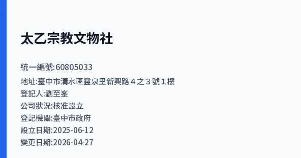太乙宗教文物社的照片-統編 60805033(臺中市) 公司登記資料與營業項目詳細圖表