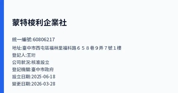 蒙特梭利企業社的照片-統編 60806217(臺中市) 公司登記資料與營業項目詳細圖表