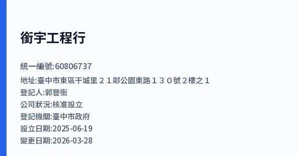 銜宇工程行的照片-統編 60806737(臺中市) 公司登記資料與營業項目詳細圖表