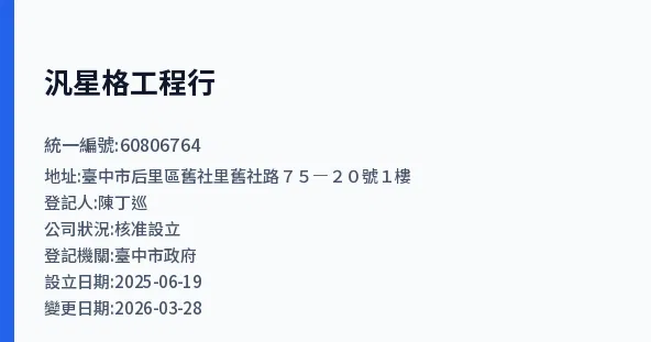 汎星格工程行的照片-統編 60806764(臺中市) 公司登記資料與營業項目詳細圖表