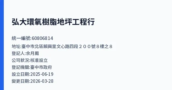 弘大環氧樹脂地坪工程行的照片-統編 60806814(臺中市) 公司登記資料與營業項目詳細圖表