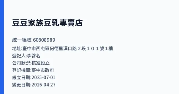 豆豆家族豆乳專賣店的照片-統編 60808989(臺中市) 公司登記資料與營業項目詳細圖表