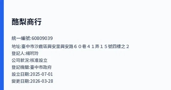 酪梨商行的照片-統編 60809039(臺中市) 公司登記資料與營業項目詳細圖表