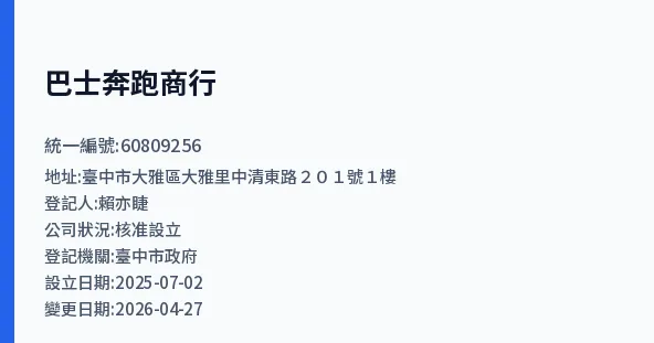 巴士奔跑商行的照片-統編 60809256(臺中市) 公司登記資料與營業項目詳細圖表