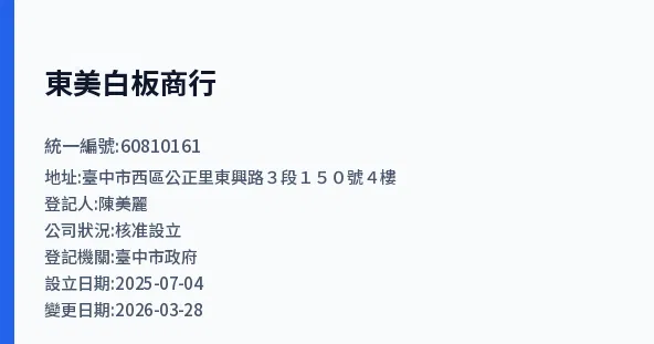 東美白板商行的照片-統編 60810161(臺中市) 公司登記資料與營業項目詳細圖表