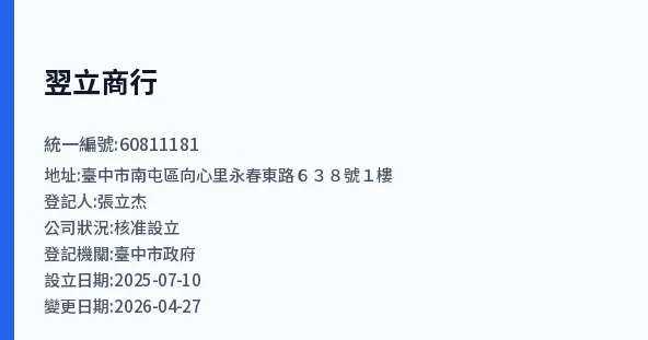 翌立商行的照片-統編 60811181(臺中市) 公司登記資料與營業項目詳細圖表