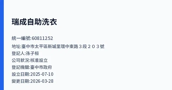 瑞成自助洗衣的照片-統編 60811252(臺中市) 公司登記資料與營業項目詳細圖表