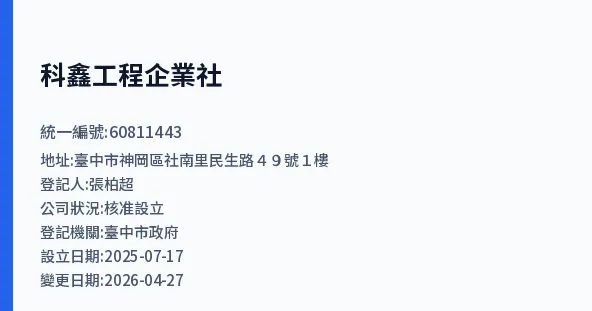 科鑫工程企業社的照片-統編 60811443(臺中市) 公司登記資料與營業項目詳細圖表