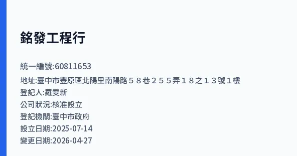 銘發工程行的照片-統編 60811653(臺中市) 公司登記資料與營業項目詳細圖表