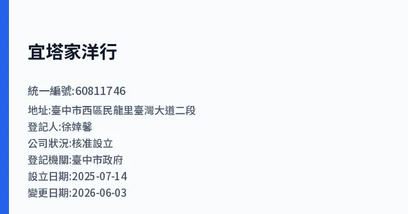 宜塔家洋行的照片-統編 60811746(臺中市) 公司登記資料與營業項目詳細圖表