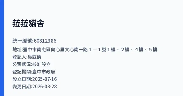菈菈貓舍的照片-統編 60812386(臺中市) 公司登記資料與營業項目詳細圖表