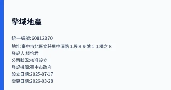 擎域地產的照片-統編 60812870(臺中市) 公司登記資料與營業項目詳細圖表