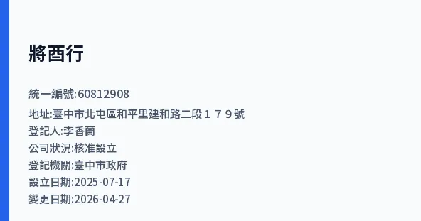 將酉行的照片-統編 60812908(臺中市) 公司登記資料與營業項目詳細圖表