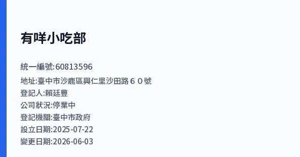 有咩小吃部的照片-統編 60813596(臺中市) 公司登記資料與營業項目詳細圖表