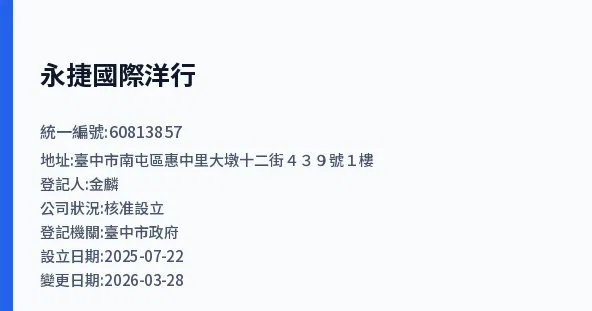 永捷國際洋行的照片-統編 60813857(臺中市) 公司登記資料與營業項目詳細圖表