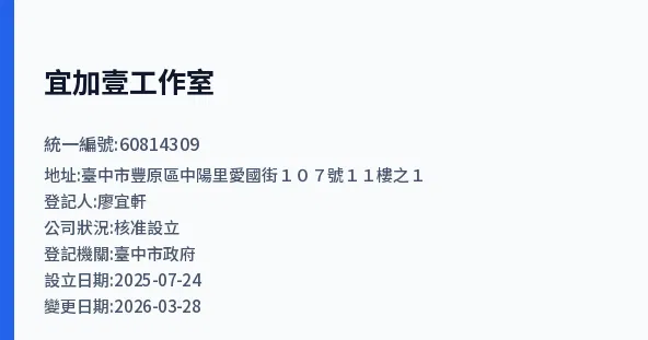 宜加壹工作室的照片-統編 60814309(臺中市) 公司登記資料與營業項目詳細圖表
