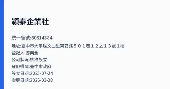 穎泰企業社的照片-統編 60814384(臺中市) 公司登記資料與營業項目詳細圖表