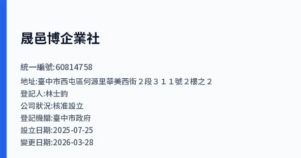 晟邑博企業社的照片-統編 60814758(臺中市) 公司登記資料與營業項目詳細圖表