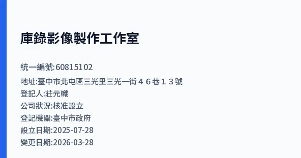 庫錄影像製作工作室的照片-統編 60815102(臺中市) 公司登記資料與營業項目詳細圖表