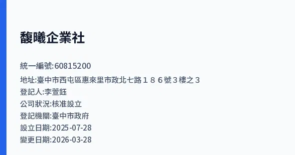 馥曦企業社的照片-統編 60815200(臺中市) 公司登記資料與營業項目詳細圖表