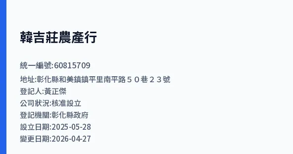 韓吉莊農產行的照片-統編 60815709(彰化縣) 公司登記資料與營業項目詳細圖表