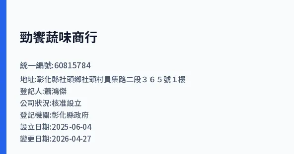 勁饗蔬味商行的照片-統編 60815784(彰化縣) 公司登記資料與營業項目詳細圖表